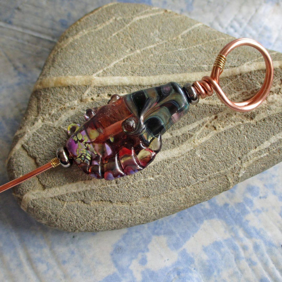 Glass Bead Ring Distaff for Hand Spinning, Purple Abstract Lampwork ...