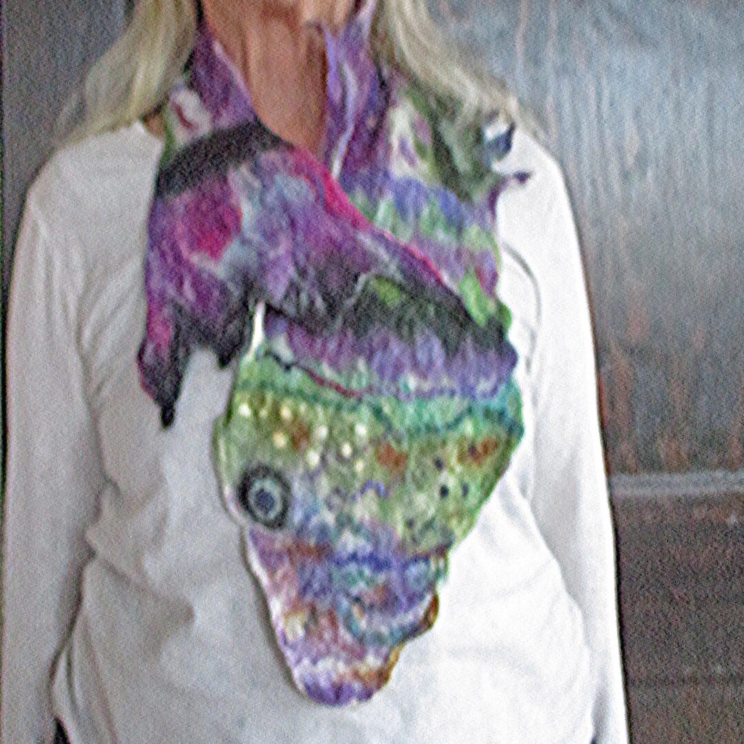 Felted Wool Fish Scarf Neck Wrap or Table Runner, Purple & Green Woolen ...