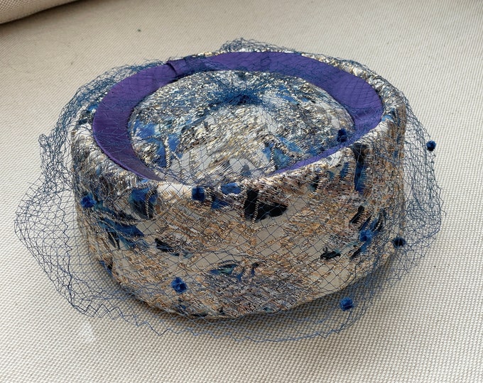 Vintage 1960s Blue and Silver Pillbox Hat With Blue Netting - Etsy