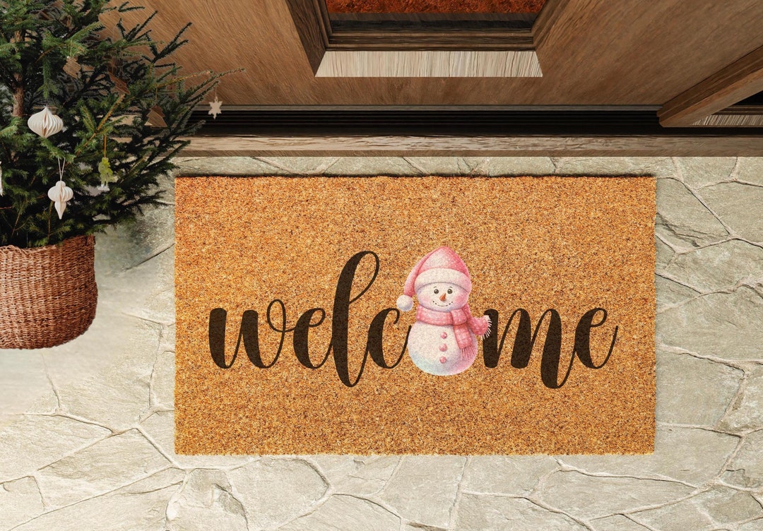 Welcome Christmas Doormat, Pink Snowman, Christmas Decor, Pink ...