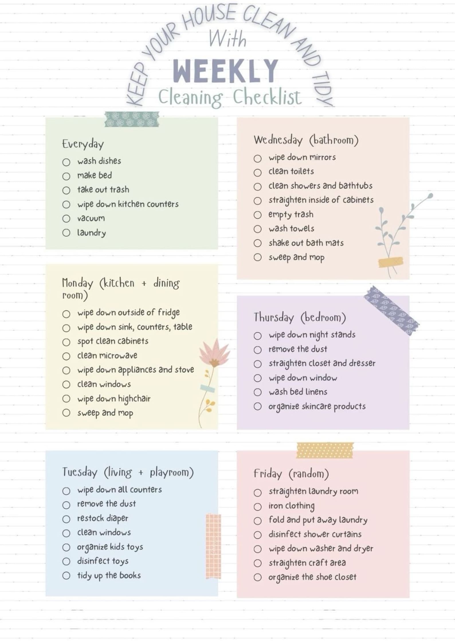 Weekly Cleaning Checklist - Etsy