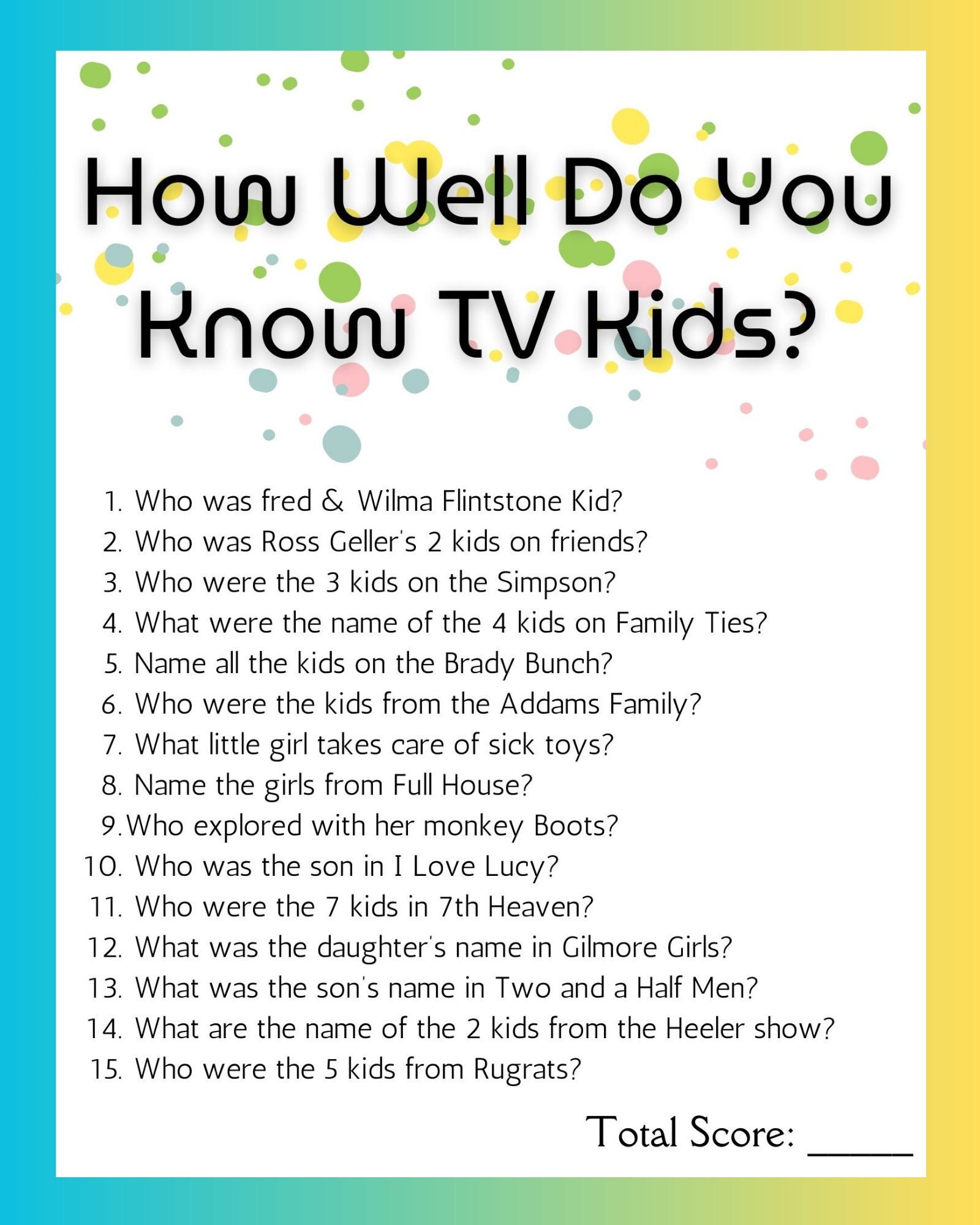 Baby Shower How Well Do You Know TV Kids Game, Quiz, Baby Shower Game ...