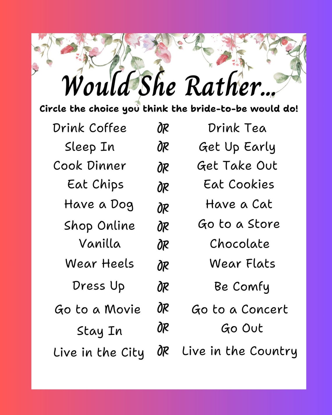 Would She Rather Bridal Shower Game Printable, Floral Bridal Shower ...