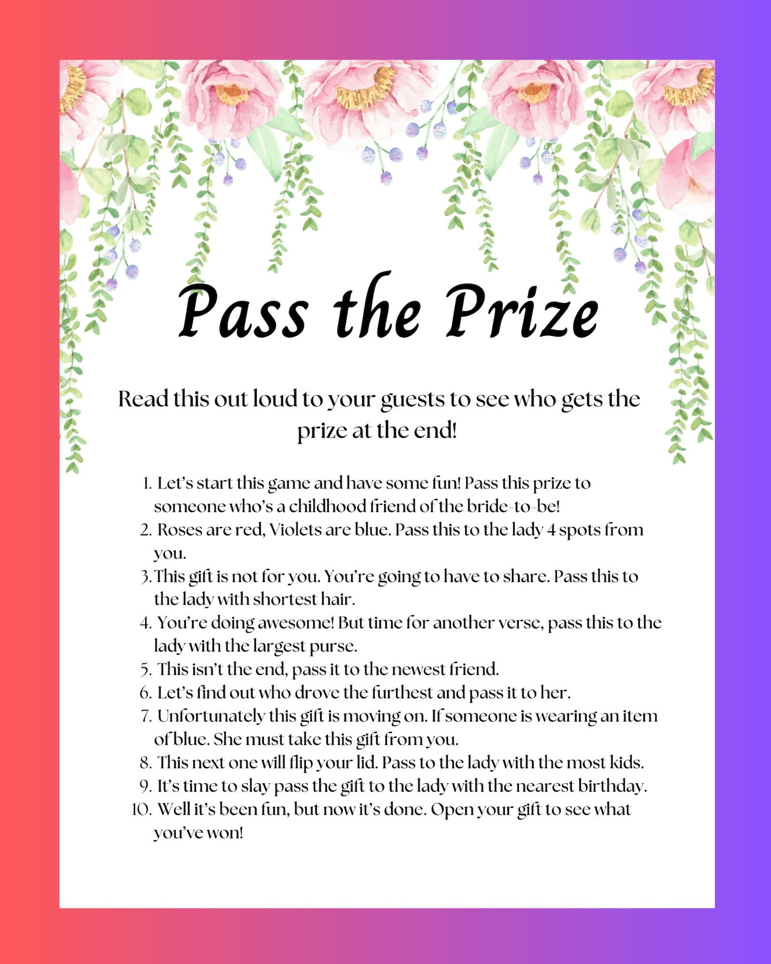 Pass the Prize, Bridal Shower Games, Pass the Parcel Game, Floral ...