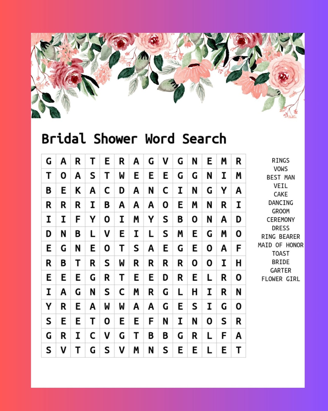 Bridal Word Search Printable Games, Bachelorette Party Games, Floral ...