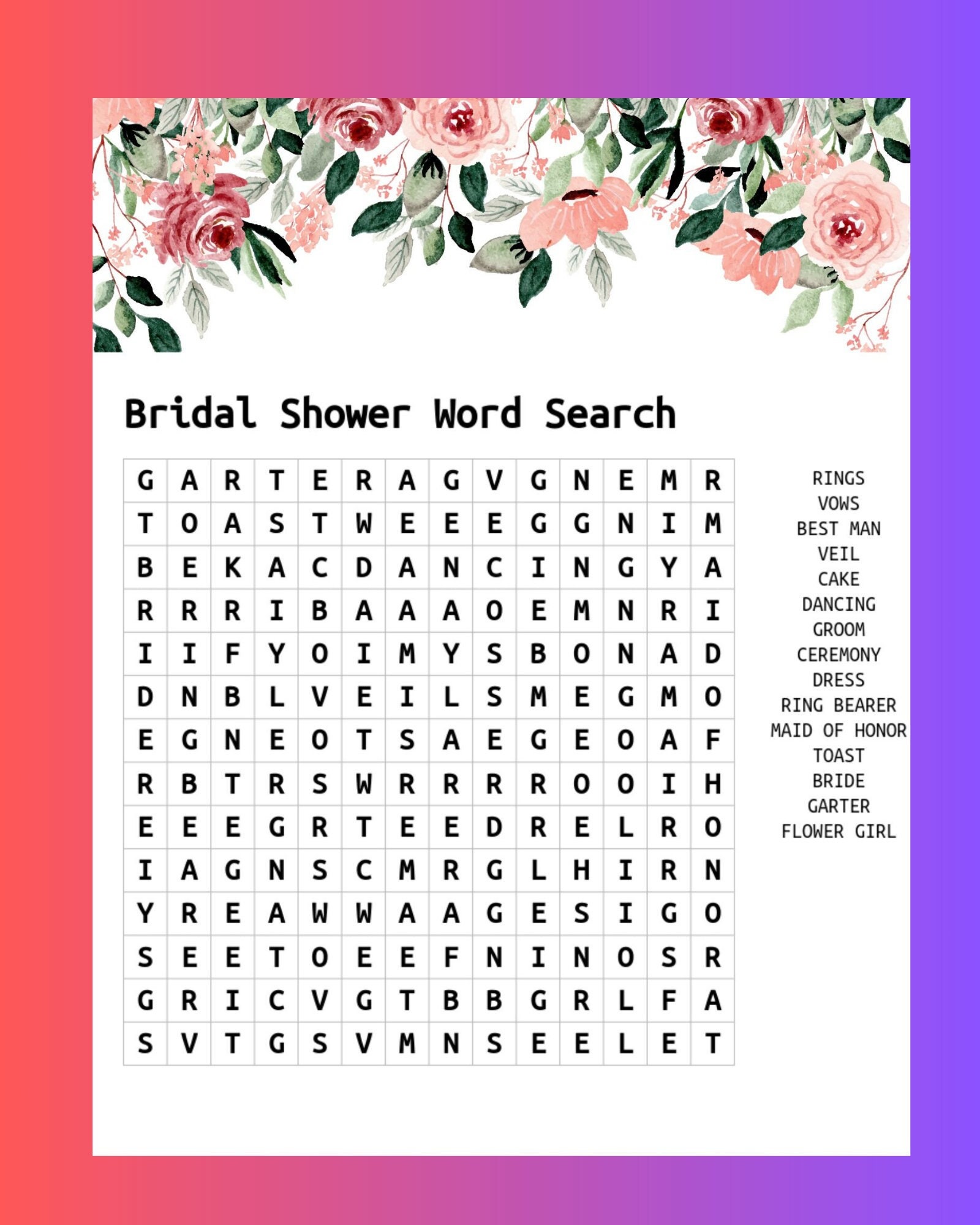 Bridal Word Search Printable Games, Bachelorette Party Games, Floral ...