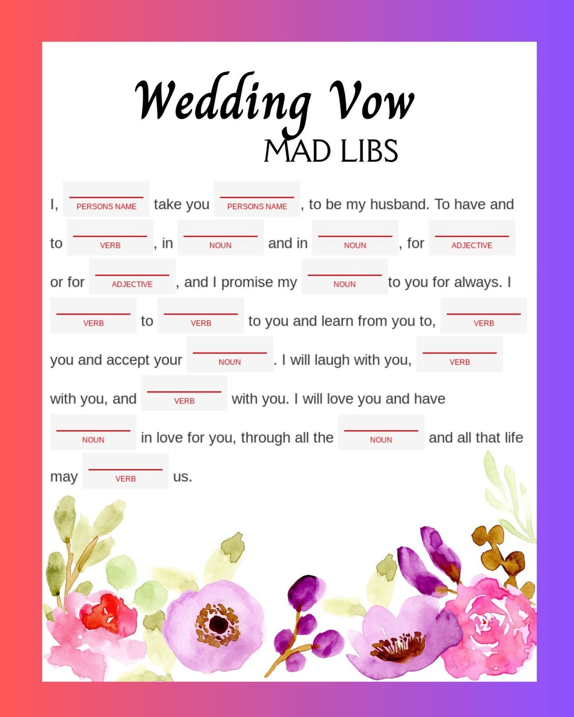Wedding Vows Mad Lib, Write Her Vows, Funny Bridal Shower Game, Wedding ...