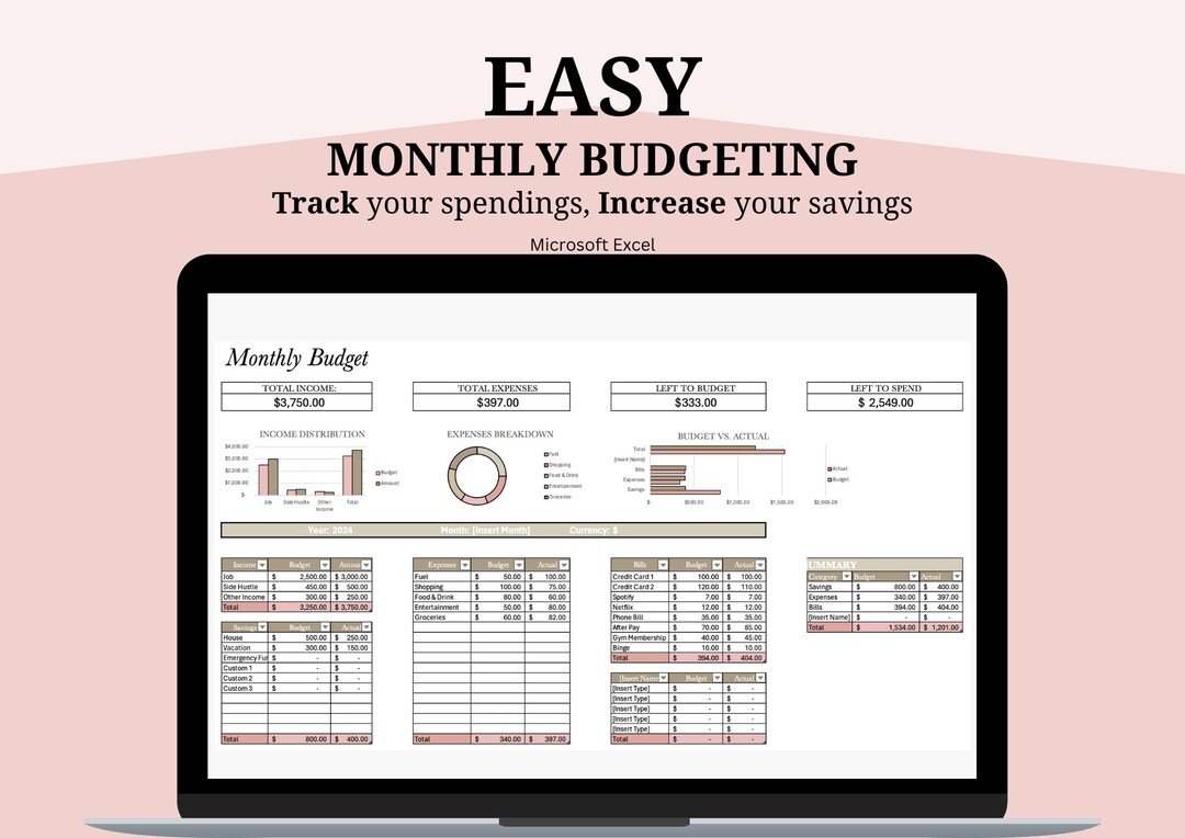 Easy 2024 Monthly Budget Planner Spreadsheet Template, Digital ...