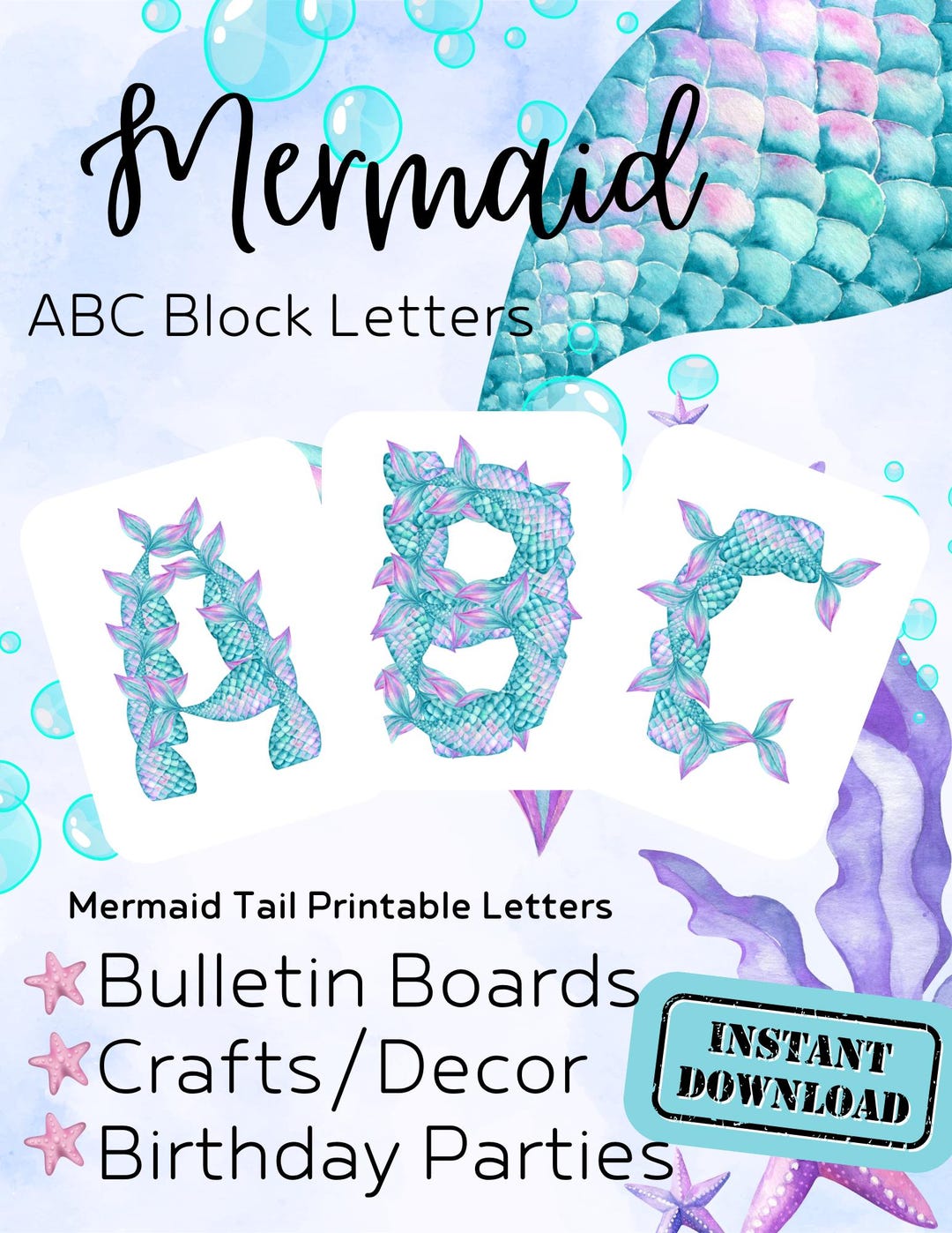 Mermaid Tail Abc's Block Letter Printable, Little Mermaid Party ...