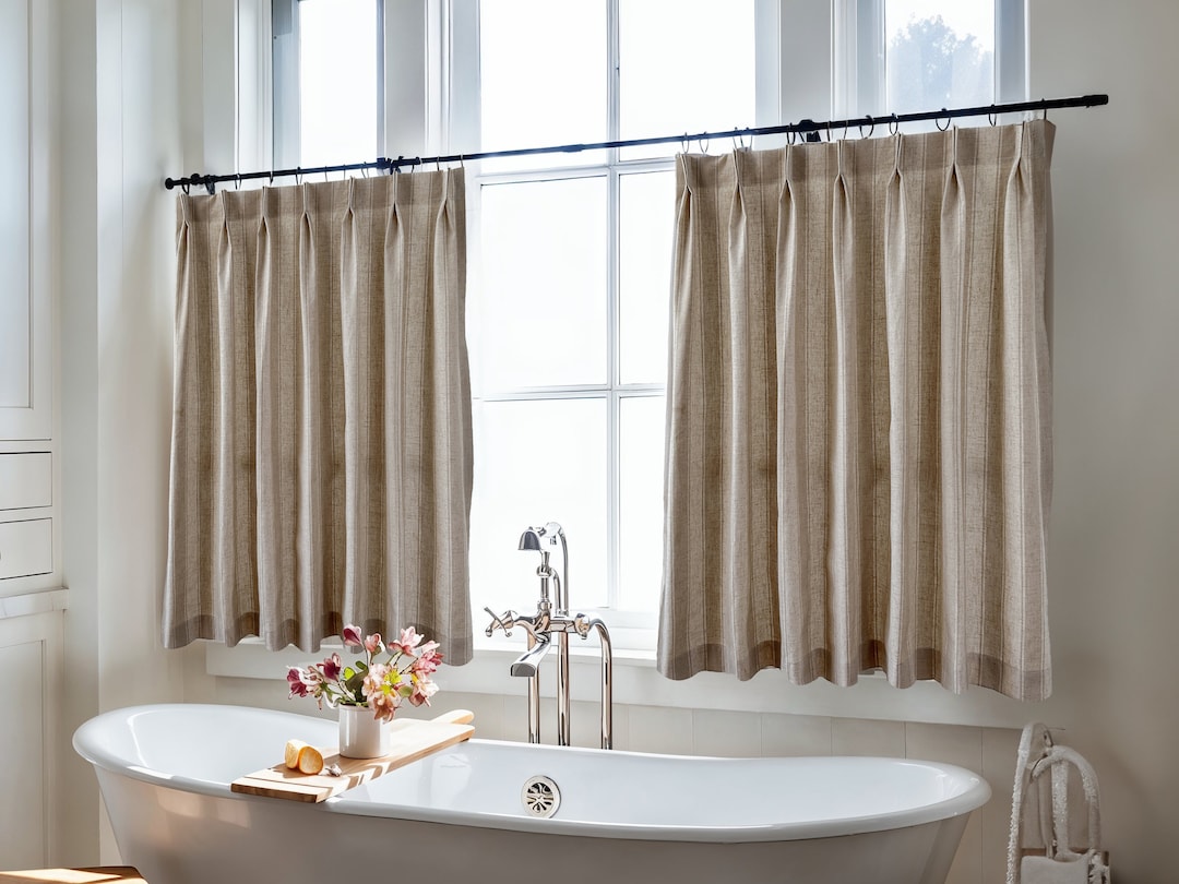Custom Short Curtains,striped Linen Cafe Curtain Clara Beige Stripe ...