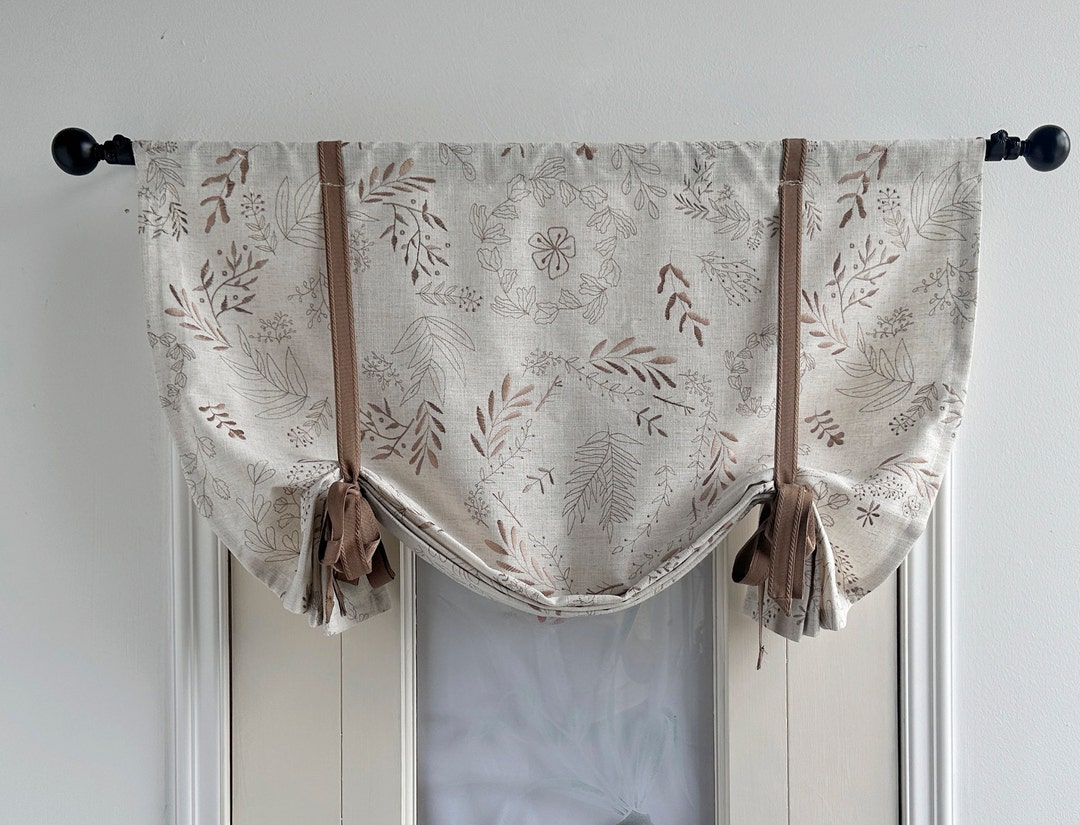 Off White Tie up Valance, Leaf Pattern Valance,custom Width, Brown Ties ...