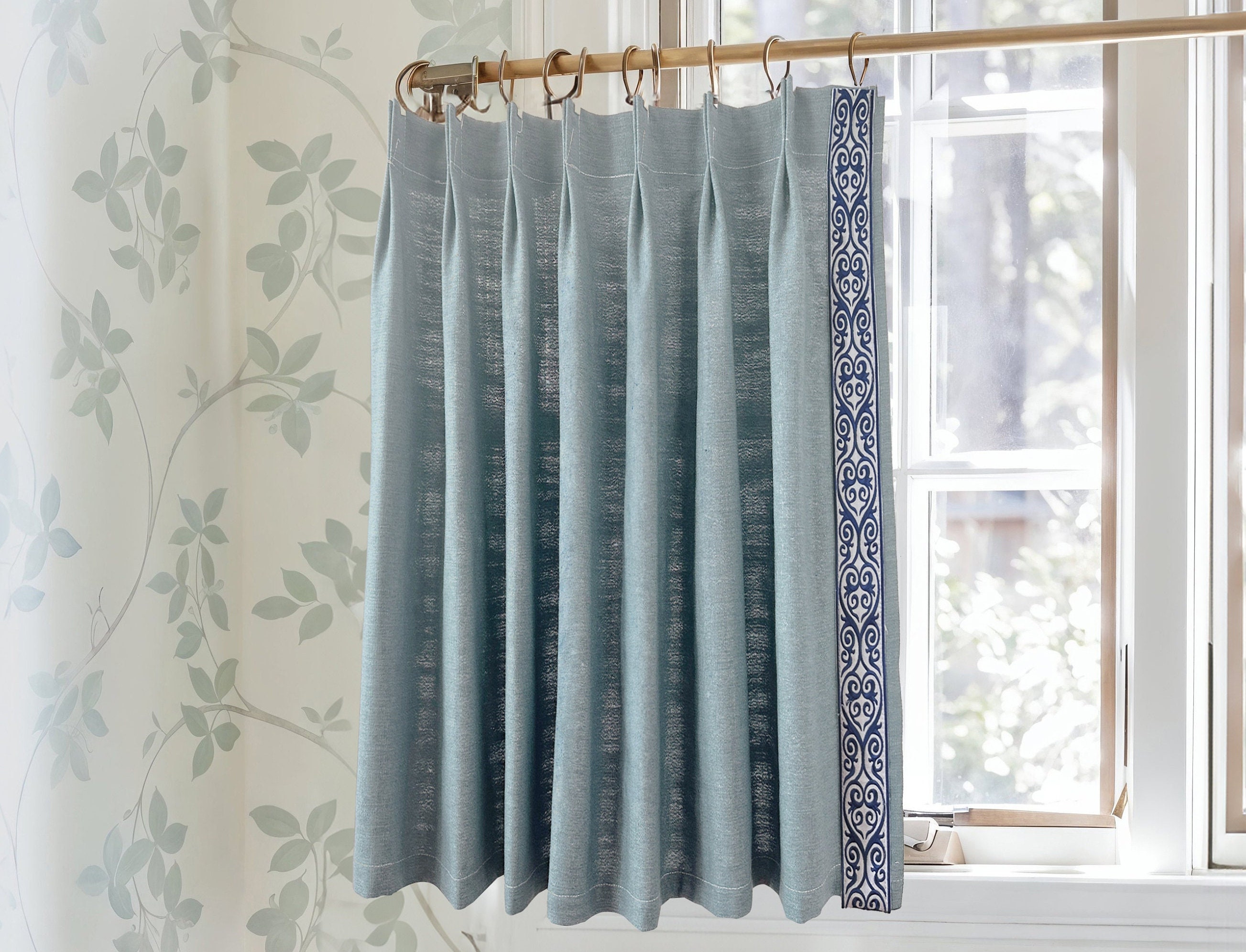 Light Blue Cafe Curtain With Navy Trim,custom Short Curtains, French ...
