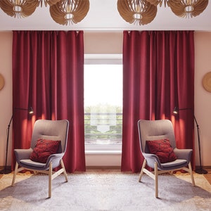 Pleated Red Cotton Linen Curtains,custom Size Rod Pocket Drapes,linen ...