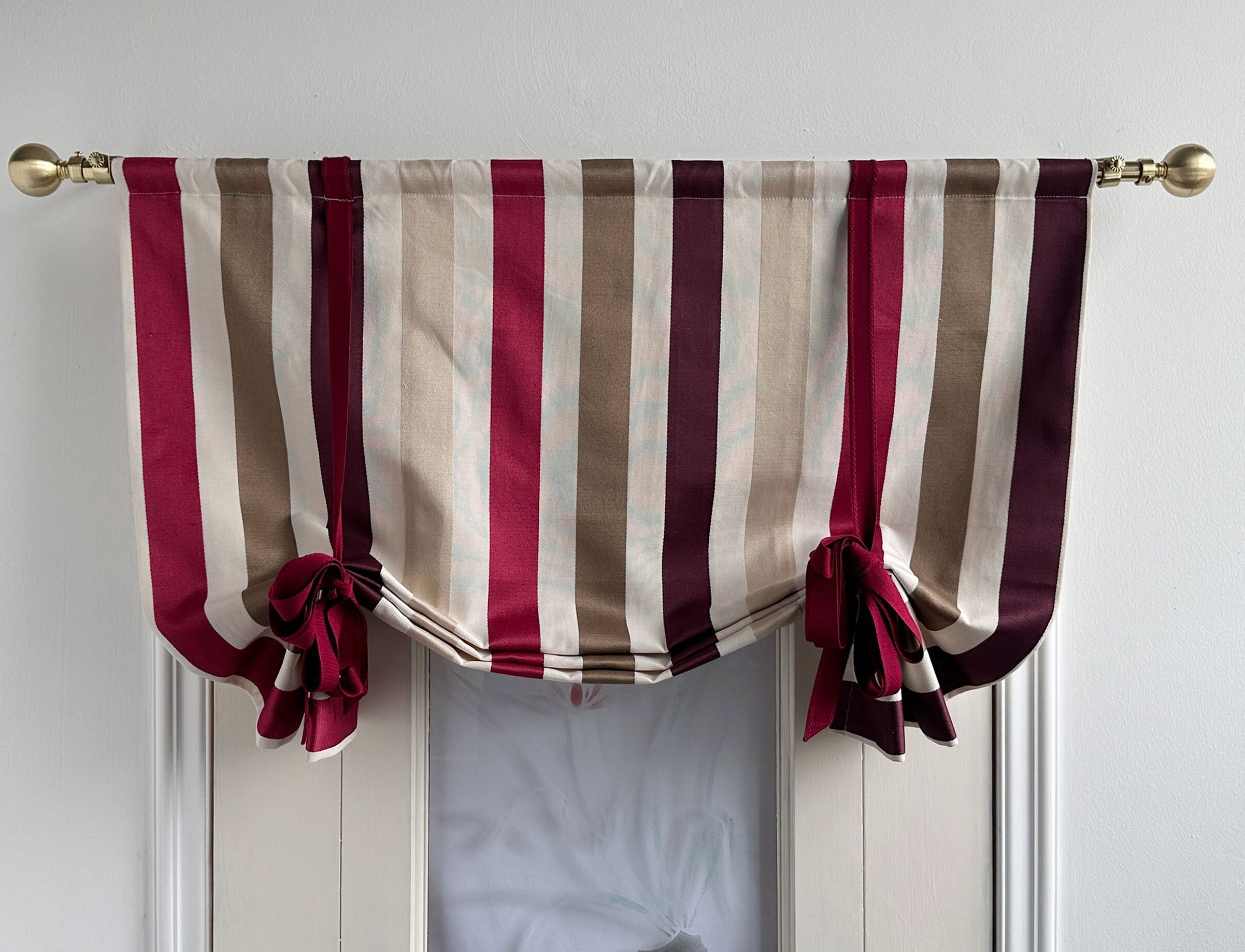 Striped Tie Privacy Fabric Curtains, Red Valance, Red Tie, Custom Width ...