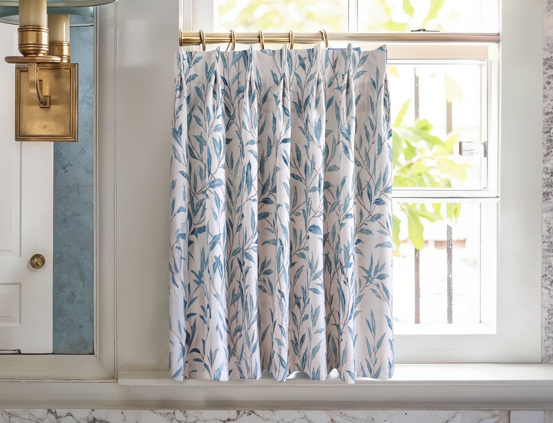 Blue Leaf Pattern Print Cotton Linen Cafe Curtains, Custom Short ...