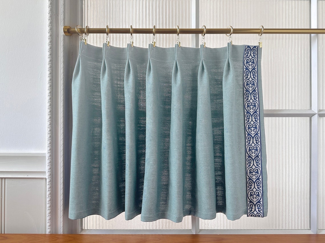 Light Blue Cafe Curtain With Navy Trim,custom Short Curtains, French ...