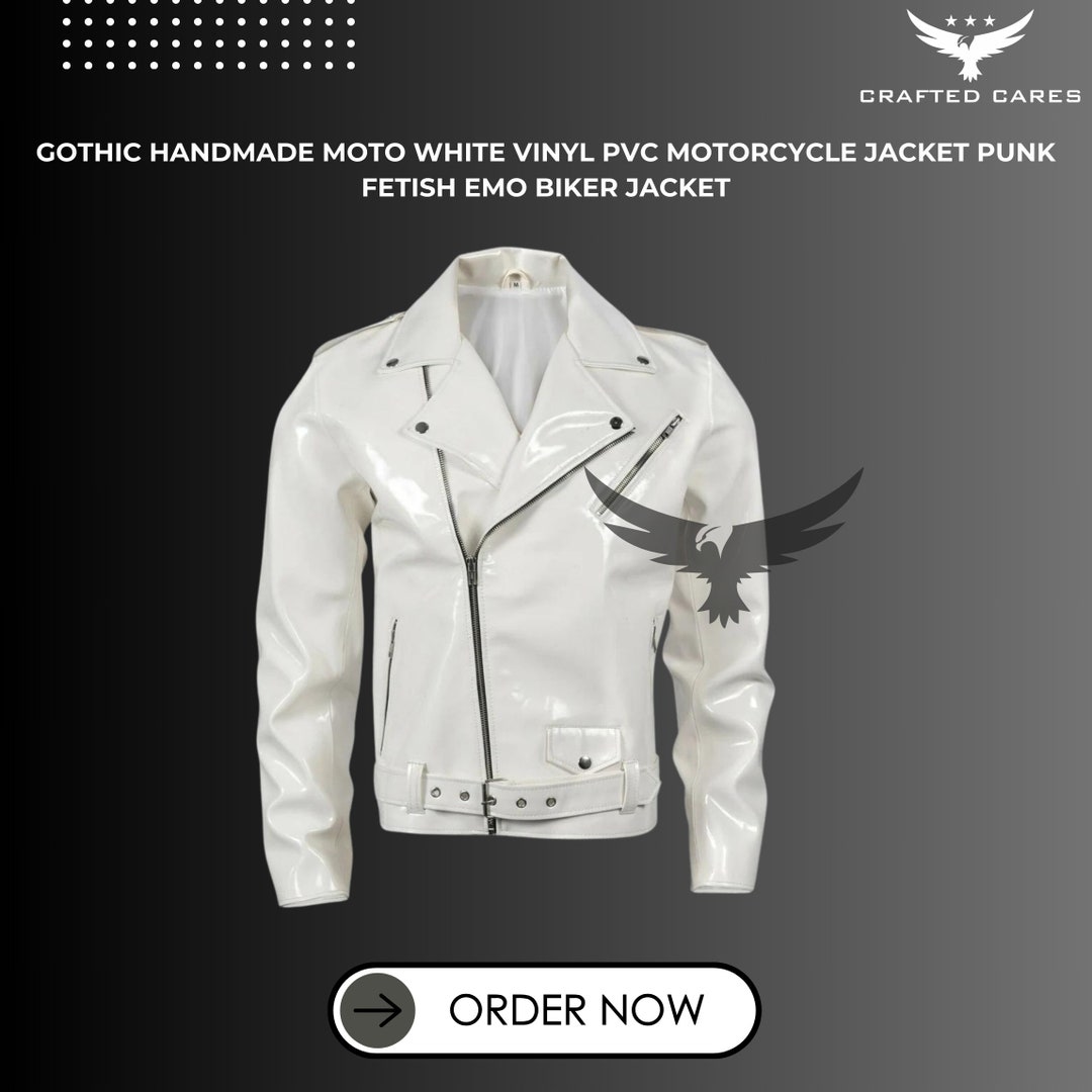 Handmade Gothic Moto White Vinyl PVC Motorcycle Jacket Punk Fetish EMO ...