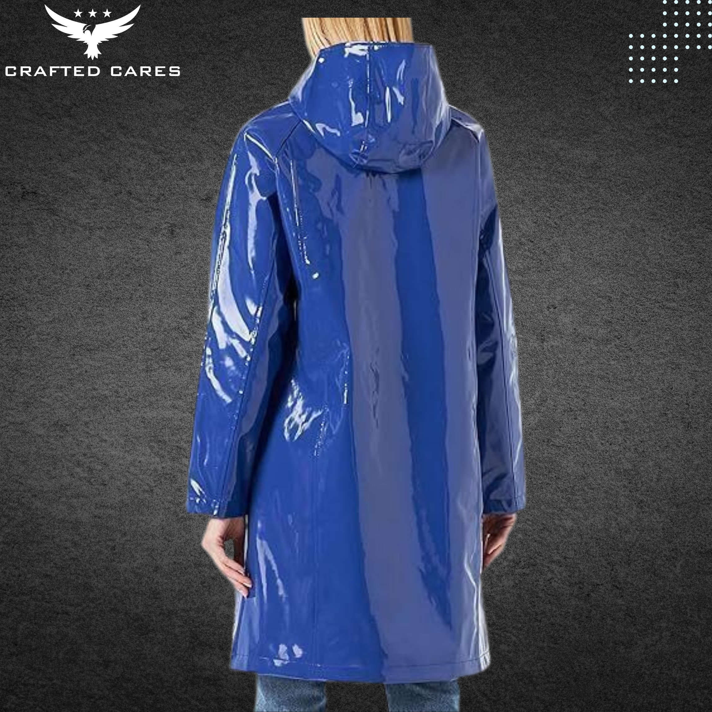 Handmade Women Blue PVC Vinyl Shinny Trench Long Coat Waterproof Hooded ...