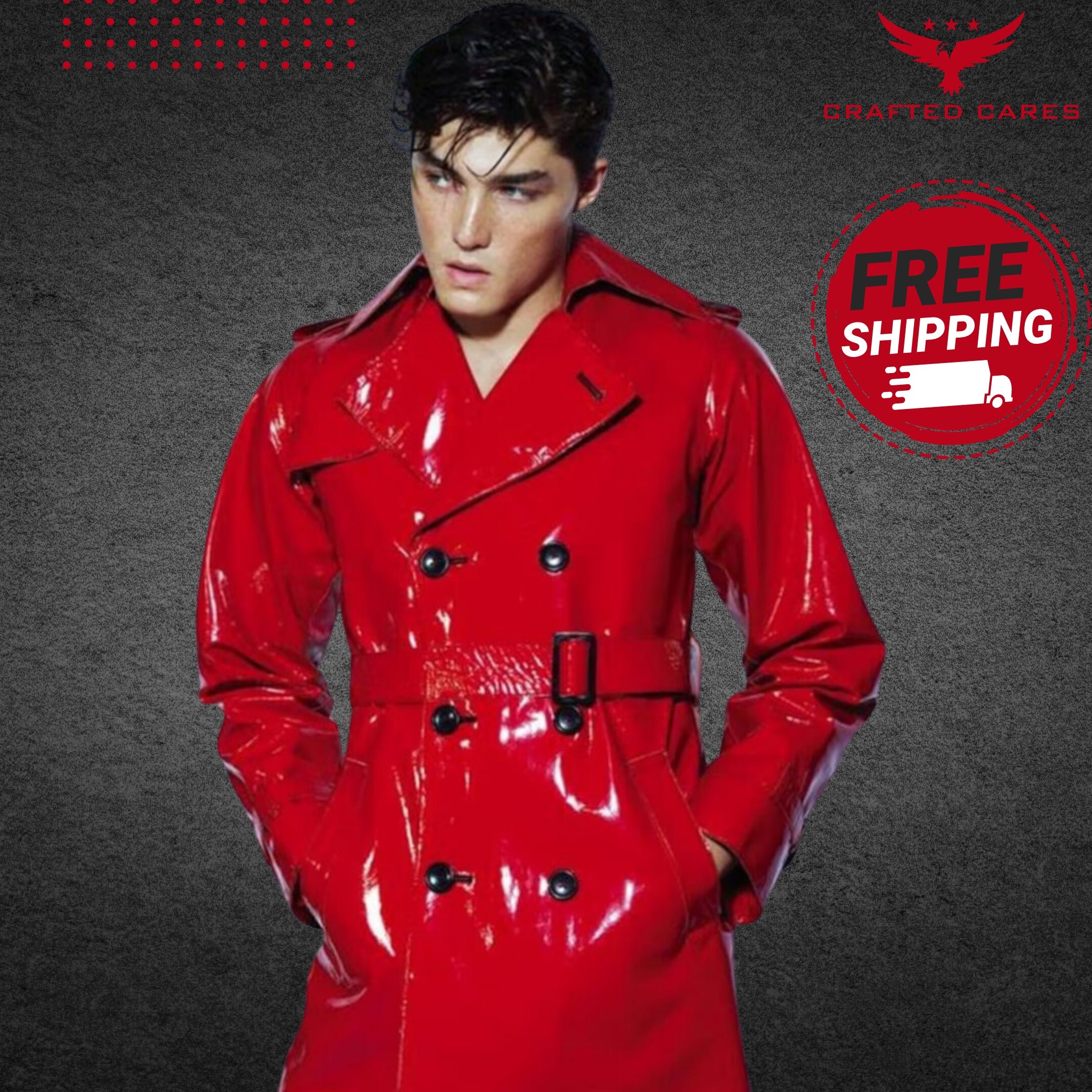 Handmade Men's RED PVC Vinyl Shinny Gothic Fashion Coat Light Weight ...