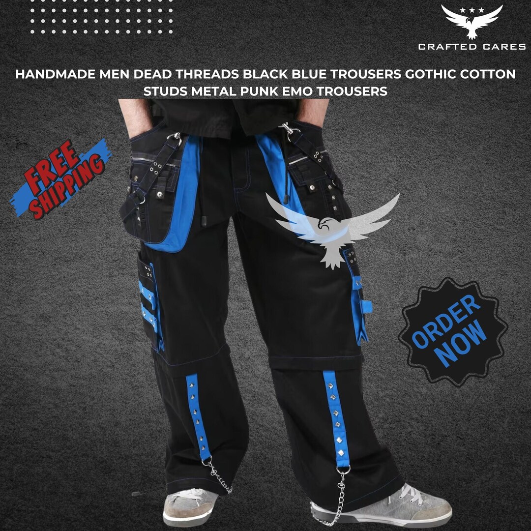 Custom Handmade Men Dead Threads Black Blue Trousers Gothic Cotton ...