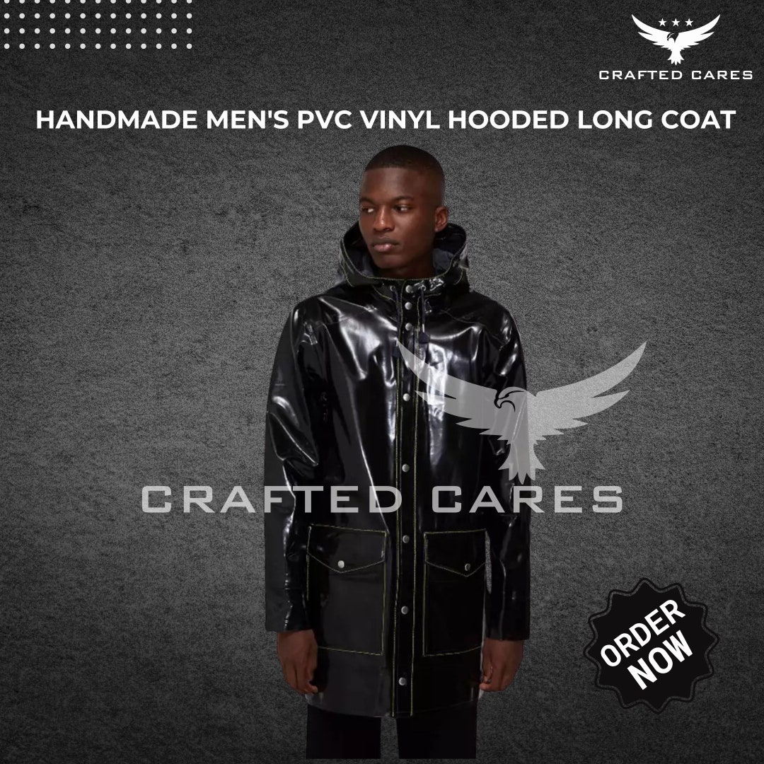 Handmade Men's PVC Vinyl Hooded Long Coat Gothic Fashion Coat Light ...