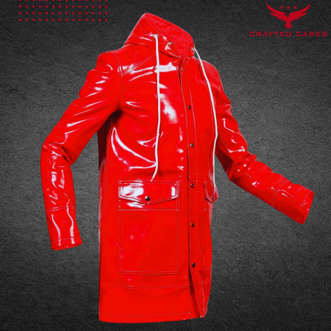 Handmade Stylish Red Men's PVC Vinyl Hooded Long Coat Shiny Light ...