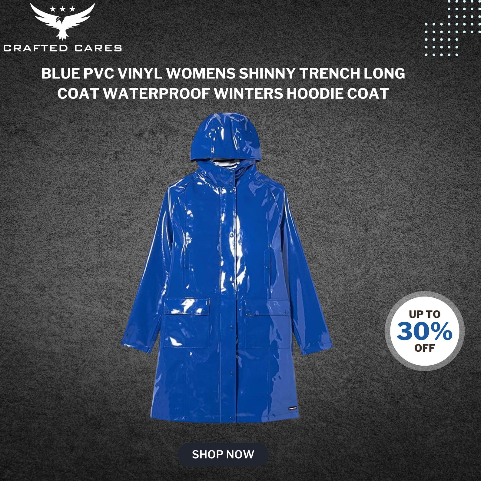 Handmade Women Blue PVC Vinyl Shinny Trench Long Coat Waterproof Hooded ...