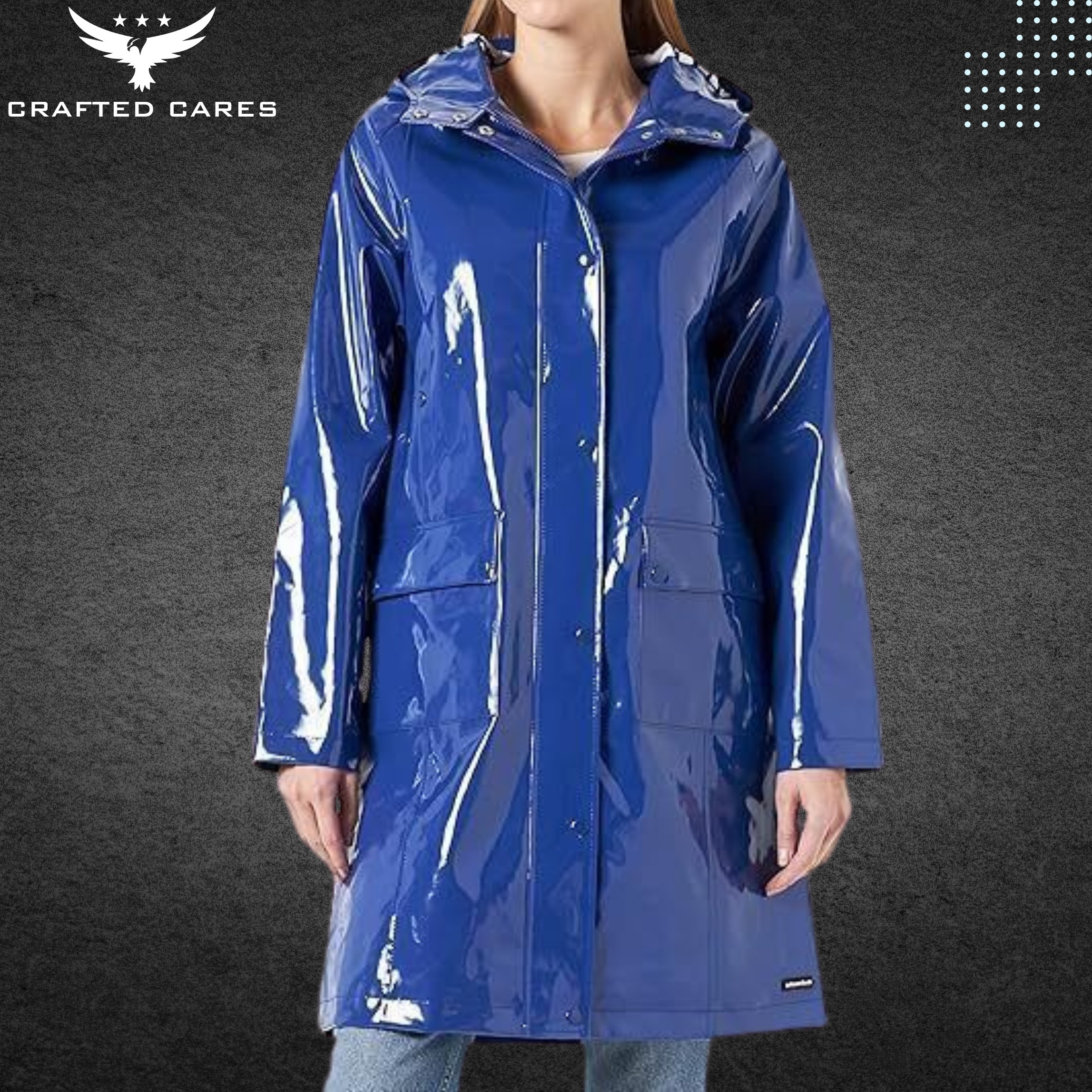 Handmade Women Blue PVC Vinyl Shinny Trench Long Coat Waterproof Hooded ...
