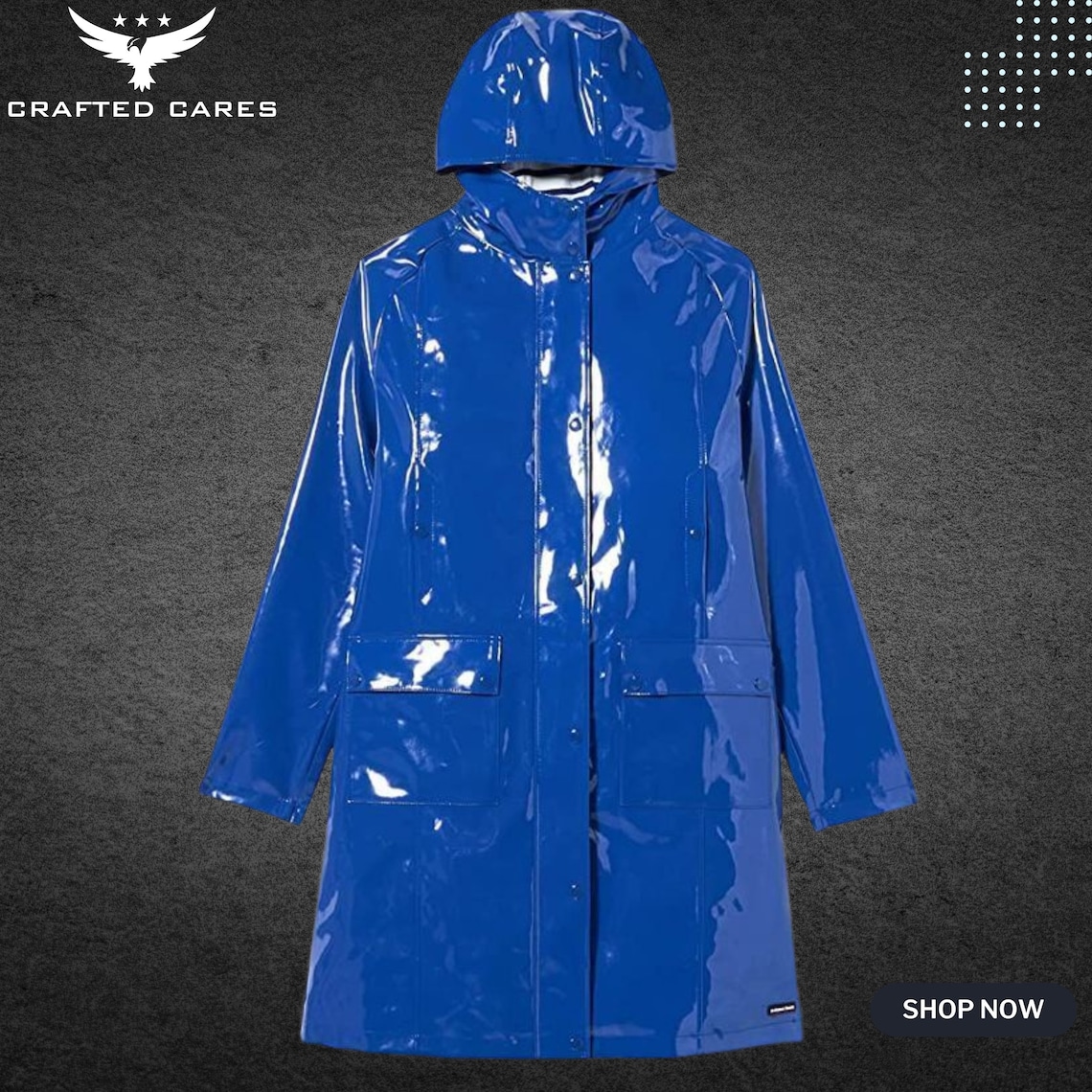 Handmade Women Blue PVC Vinyl Shinny Trench Long Coat Waterproof Hooded ...