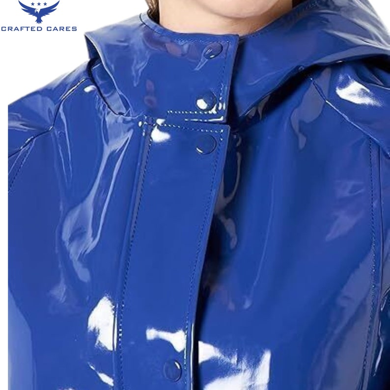 Handmade Women Blue PVC Vinyl Shinny Trench Long Coat Waterproof Hooded ...