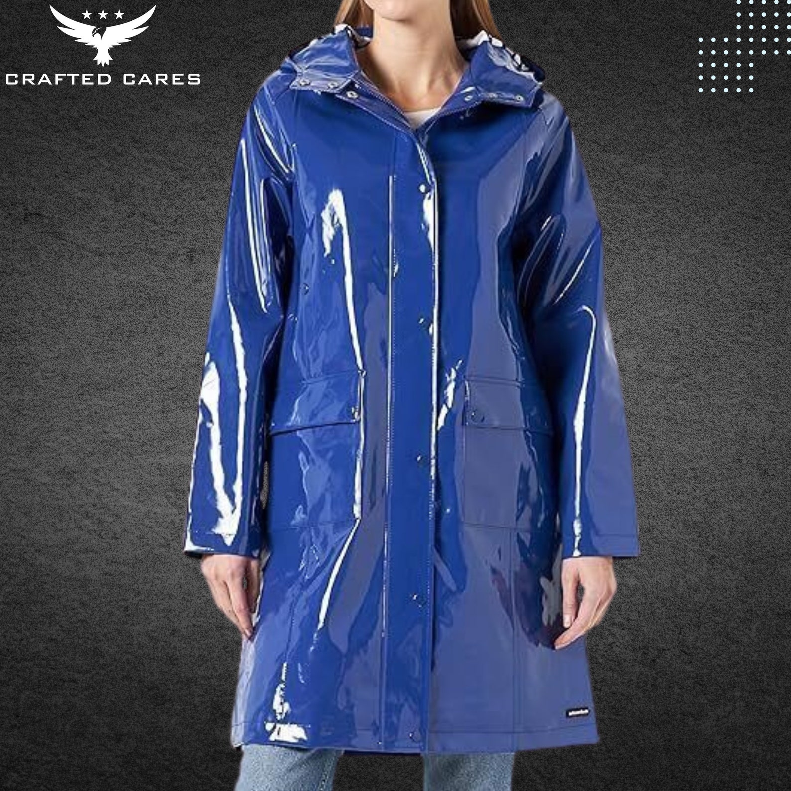 Handmade Women Blue PVC Vinyl Shinny Trench Long Coat Waterproof Hooded ...