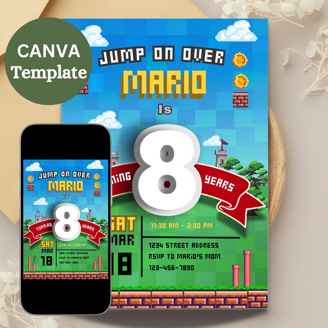 Super Mario 8th Birthday Invitation Template: Pixel Party (digital) - Etsy