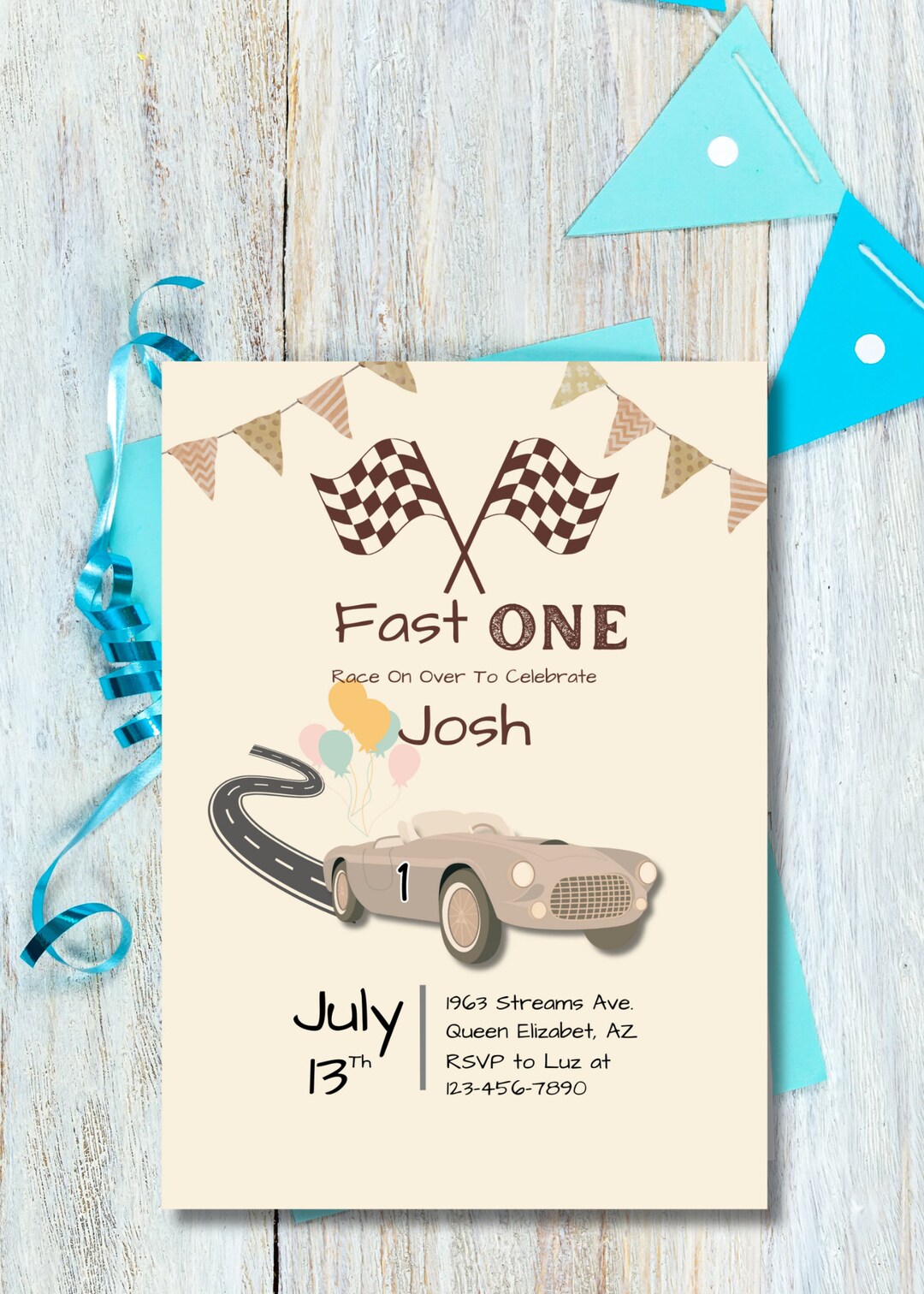 Celebratory 1st Birthday Invite, Racing Car Theme 5x7 Personalized ...