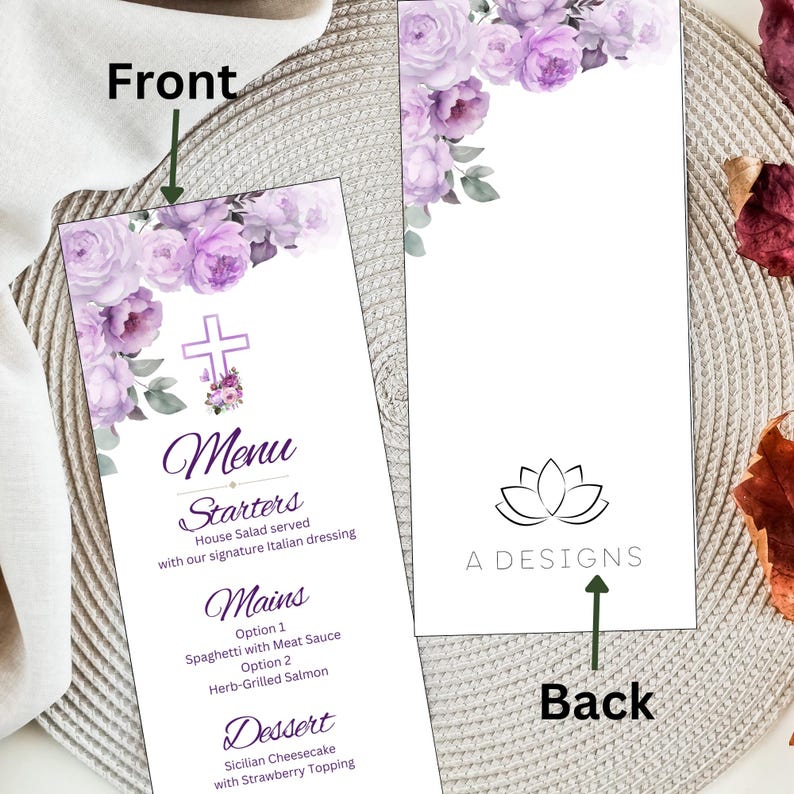 Editable Baptism Menu Template, Purple Christening Menu Card (printable ...
