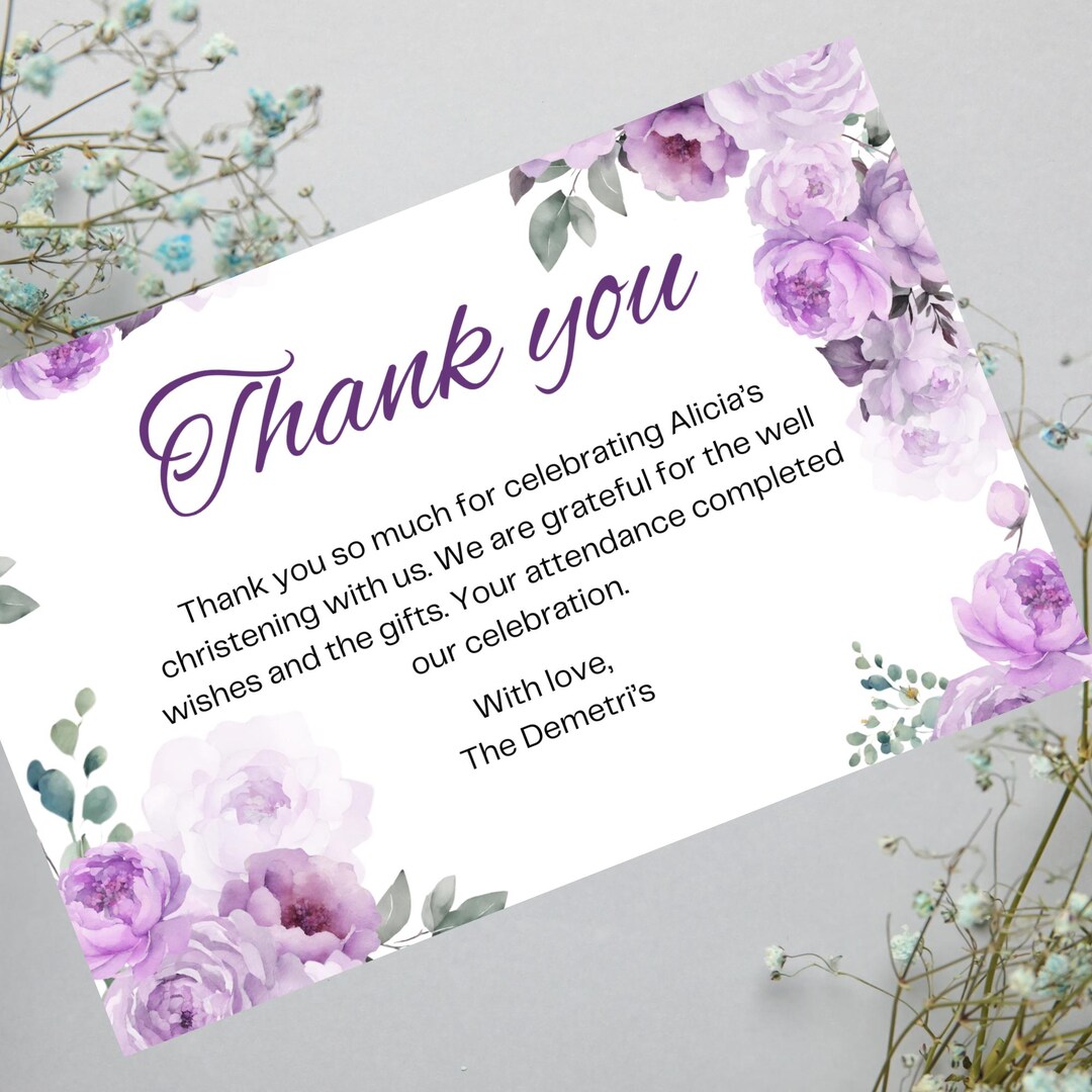 Puple Peonies Baptism Thank You Card Template | Customizable ...
