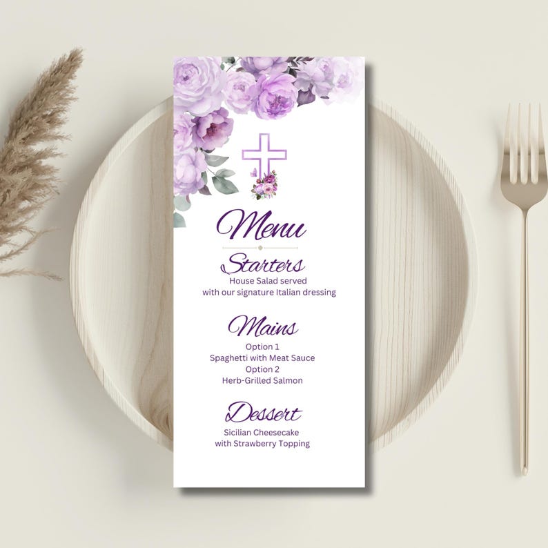 Editable Baptism Menu Template, Purple Christening Menu Card (printable ...