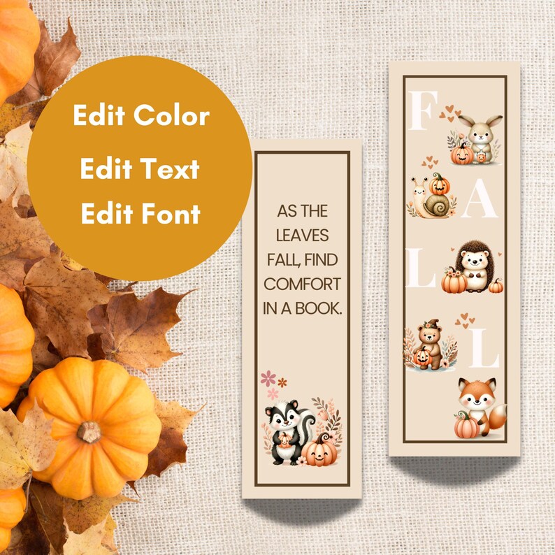 Watercolor Weasel Fall Bookmark Set – Printable Autumn Gift (canva ...