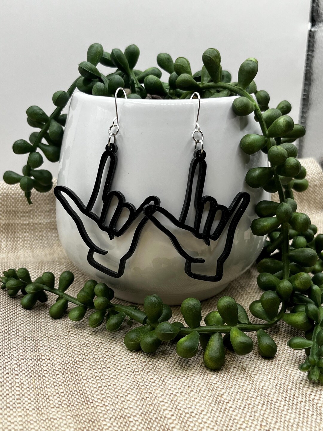 Sign Language I Love You Dangle Earrings * Glittery Black Hand Symbol * ASL Deaf Jewelry * Deaf ...