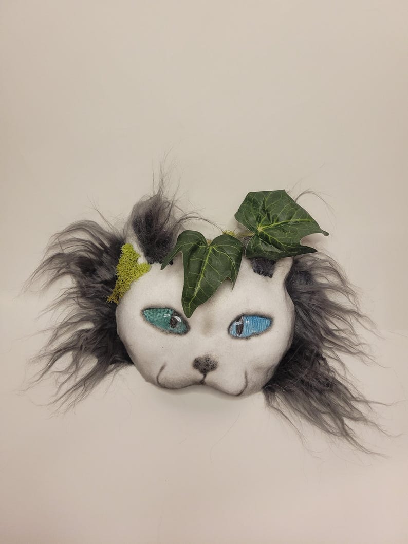 White and Gray Therian Cat Mask With Fake Leaves and Moss - Etsy