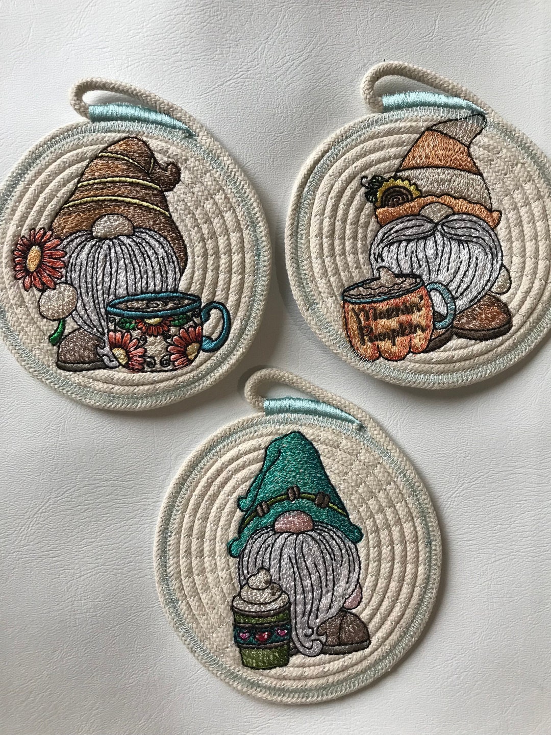 Embroidered Coffee Gnome Coaster Rope Coaster/gnome Trivet Choose Style ...