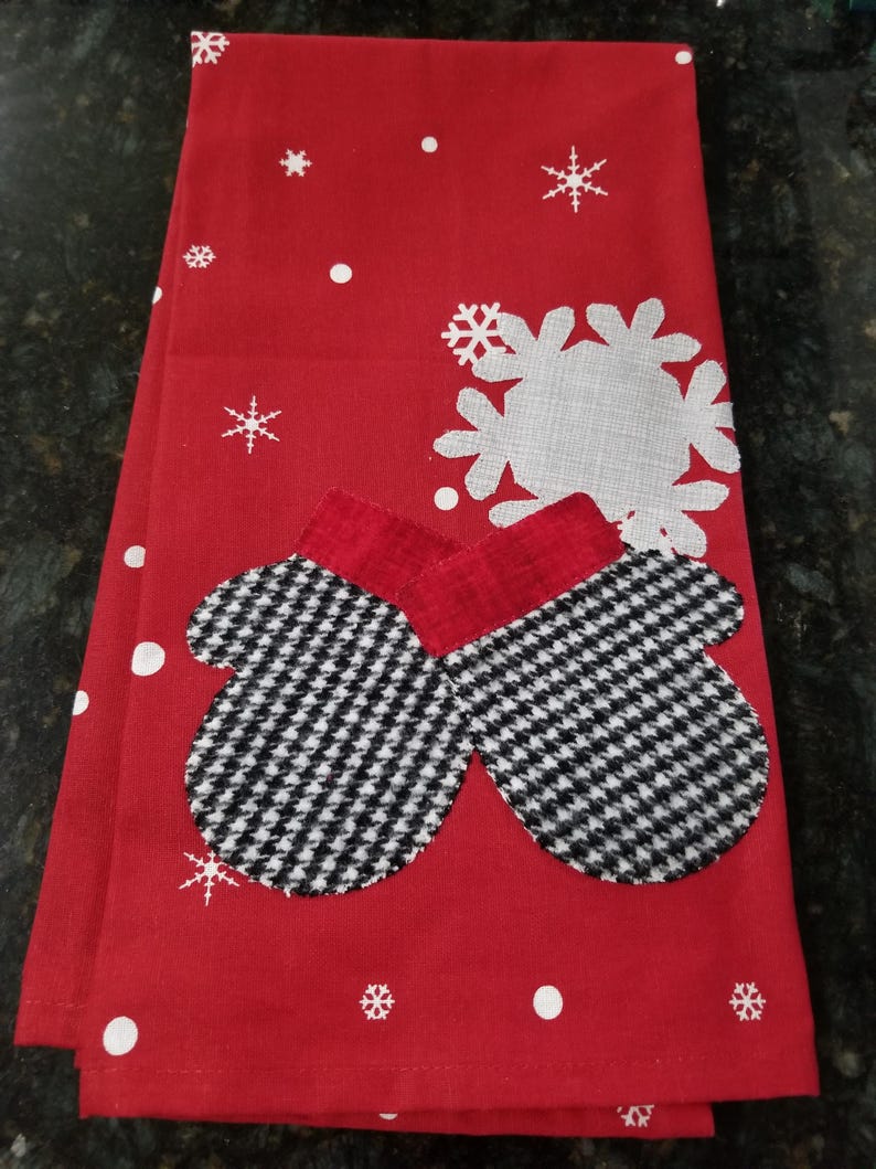 Appliqued Kitchen Towels for All Seasons - Mittens and Snowflake on Red ...