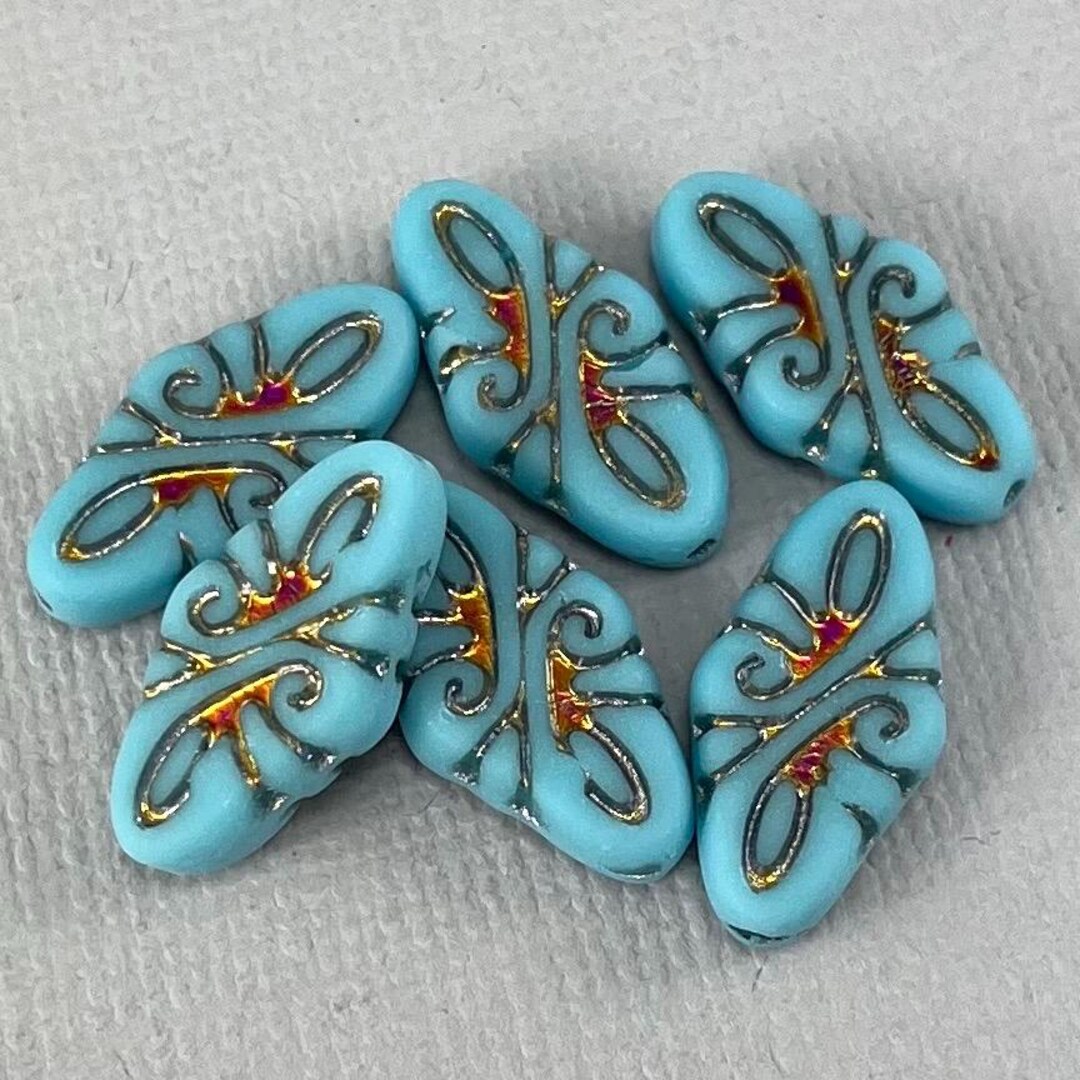 Arabesque, Matte Sky Blue Czech Glass Pressed Oval Shaped Beads, Gold ...