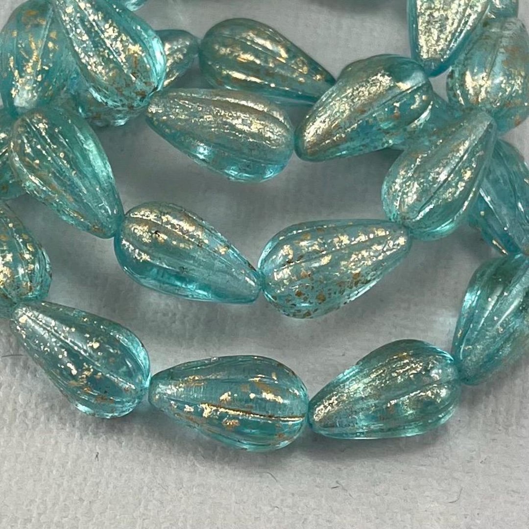 Fluted Czech Glass Melon Teardrop Beads, Pear Shaped Aqua Blue, Gold ...