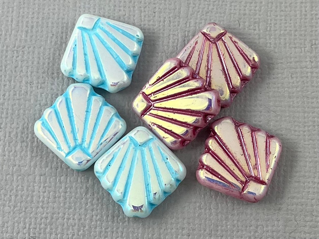 Art Deco Style Czech Glass Shell Beads, Blue or Pink Aurora Borealis ...