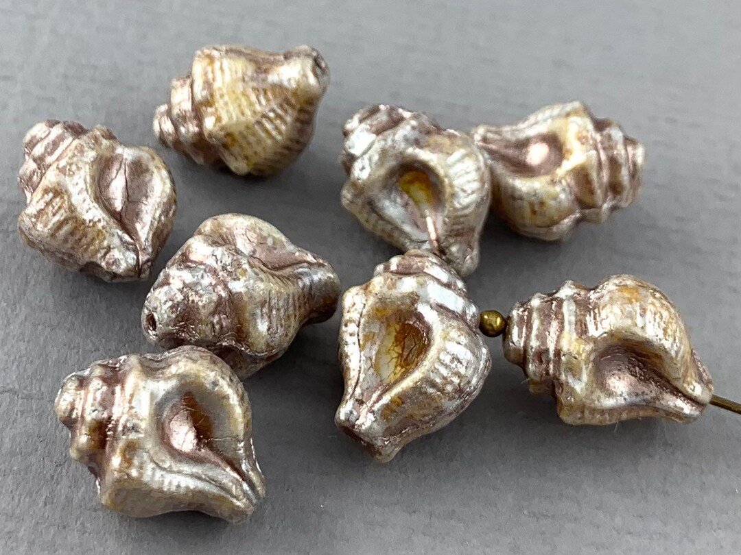 Pearl Taupe Conch, Seashell Czech Glass Beads, Pressed, Pearlescent ...