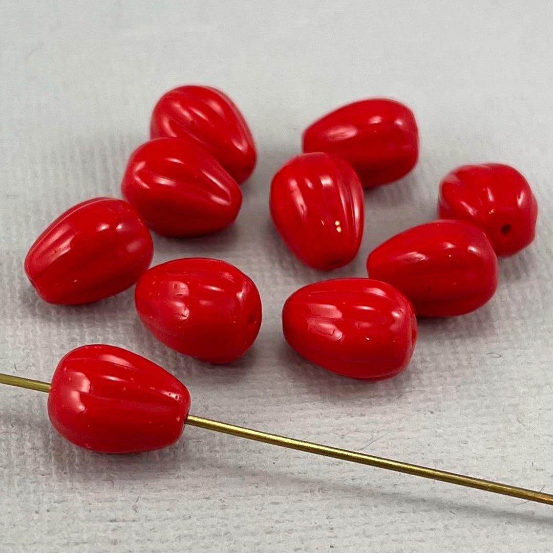 Bright Red Fluted Czech Glass Teardrop Beads, Pear Shaped, Melon Drops ...