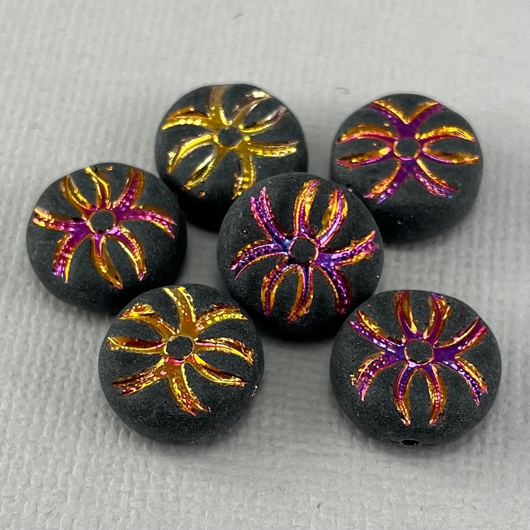 Spider, Matte Black Czech Glass Coin Beads, Gold Pink Metallic Rainbow ...