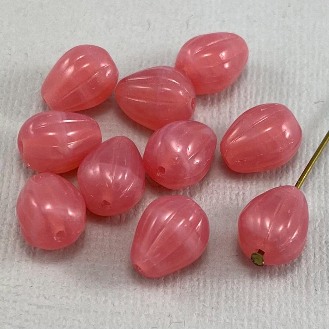 Opal Pink Fluted Czech Glass Teardrop Beads, Pear Shaped, Milky Glass ...