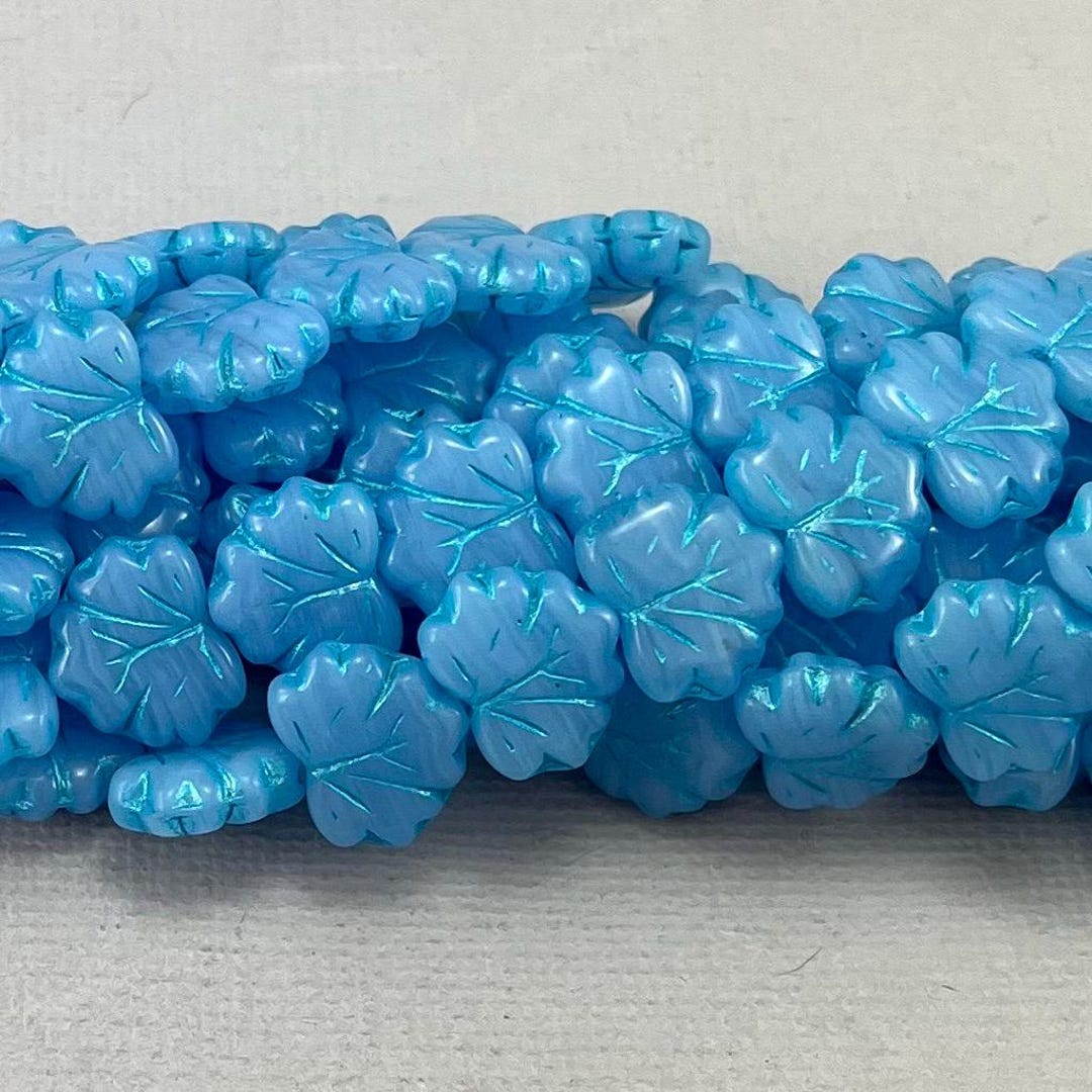 Milky Blue Czech Glass Maple Leaf Beads, Pressed Beads, Aqua Blue Wash ...