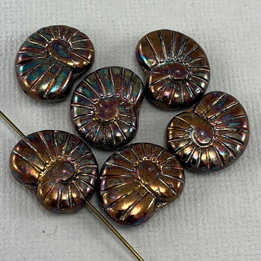 Bronze Metallic Nautilus Shell Czech Glass Beads, Oil Slick Rainbow ...